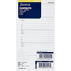 FILOFAX Name/Address/Telephone Refill for Personal & Personal Compact Size, 20 Sheets, White (B130201)