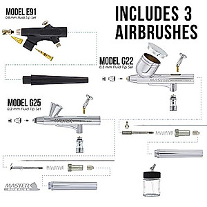 Master Airbrush Cool Runner II Dual Fan Air Compressor Professional Airbrushing System Kit with 3 Airbrushes, Gravity and Siphon Feed - Holder, Color Mixing Wheel, Cleaning Brush Set, How-To Guide