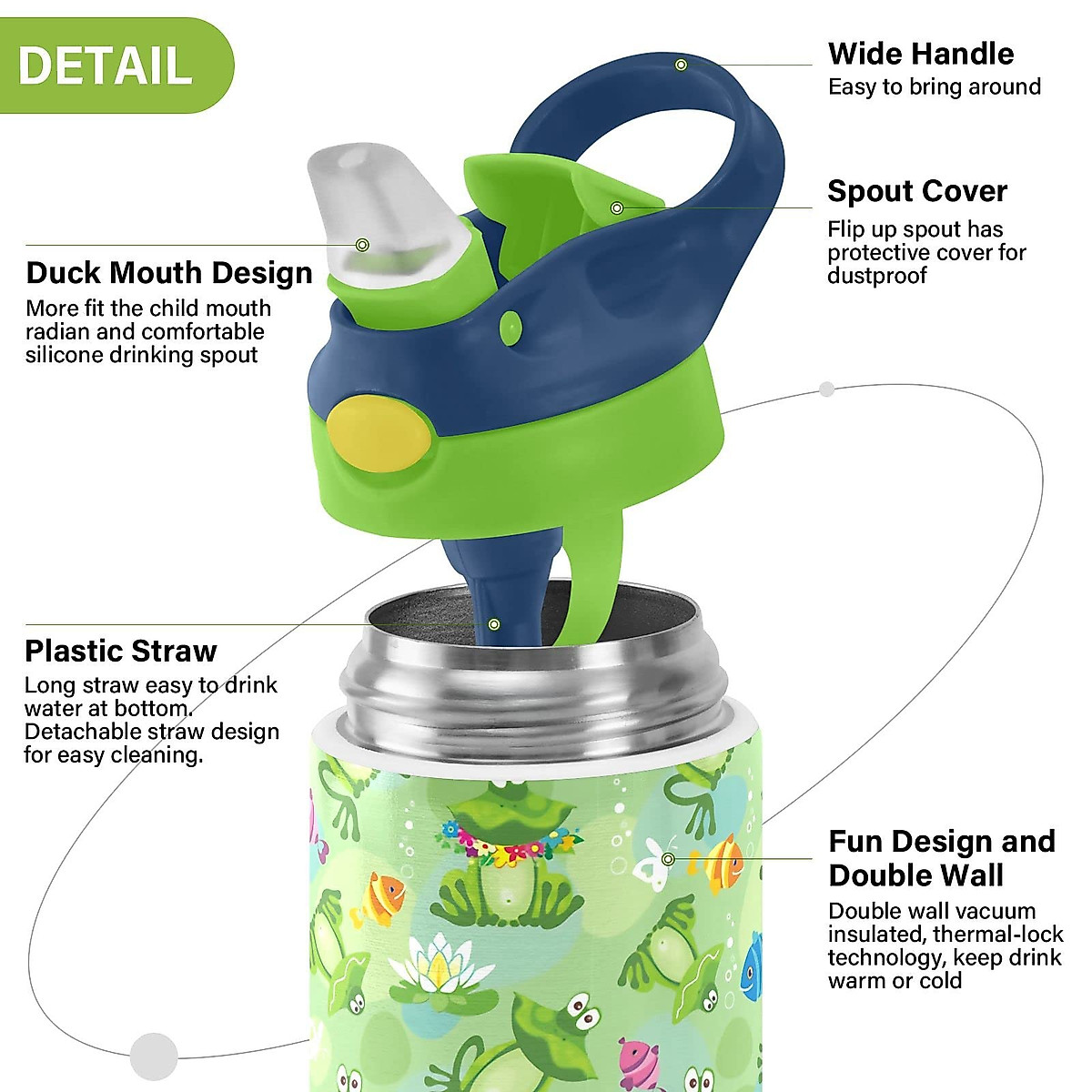 ALAZA Cute Cartoon Lotus Pond Frog Kids Water Bottles with Lids Straw Insulated Stainless Steel Water Bottles Double Walled Leakproof Tumbler Travel Cup for Girls Boys Toddlers 12 oz / 350 ml,Green