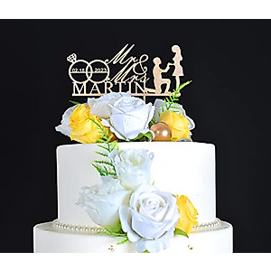 Carved wood decoration,Personalized Wedding Cake Toppers, Customize Wedding Date And Last Name, Bride & Groom,Mr& Mrs Cake Topper,Cake Topper (Diamond ring + Character（wood）)