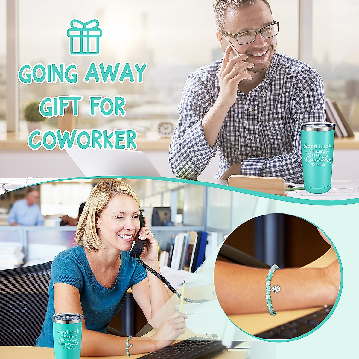 4 Pcs Going Away Gift for Coworker Farewell Gifts Coworker Leaving Gifts New Job Luck Gifts for Colleagues, Women, Friends, 20 oz Tumbler Beads Farewell Bracelet Gift Card Gift Box (Classic Green)