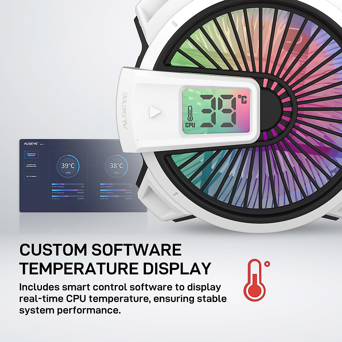 ALSEYE W90 CPU Cooler, Temperature Displayed CPU Cooler for Small Size PC Case with Powerful 90mm ARGB Lighting Fan and 40mm High-Performance Heat Column Inside (W90 Intel Version)