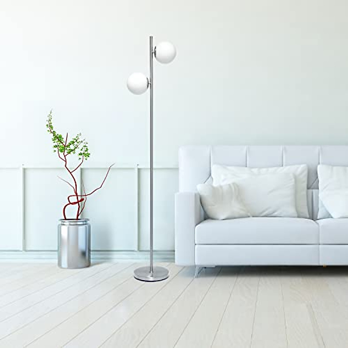 Simple Designs LF1044-BSN 66" Tall Mid Century Modern Standing Tree Floor Lamp w Dual White Glass Globe Shade for Study, Living Room, Bedroom, Entryway, Brushed Nickel
