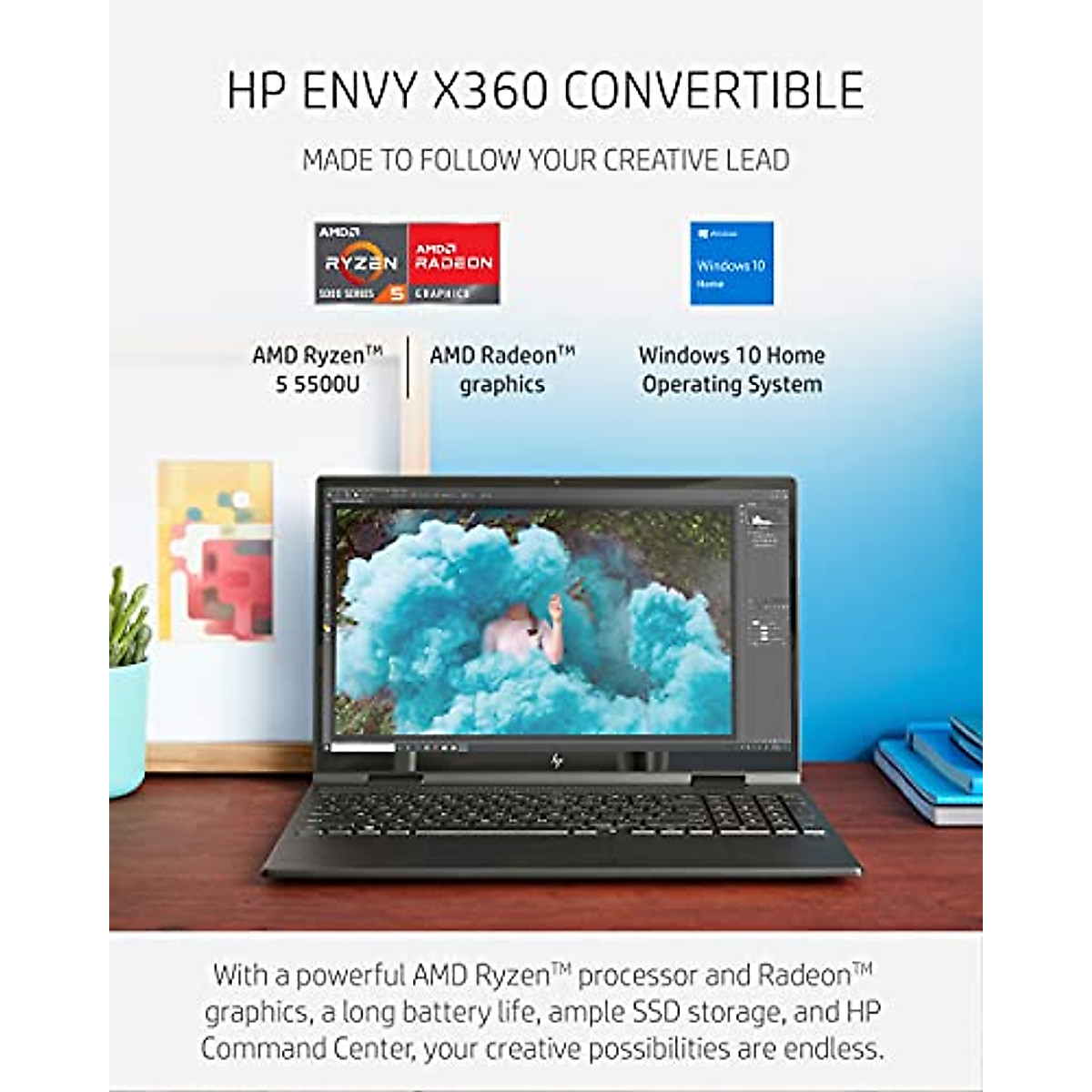HP Envy x360 15 Convertible Laptop, AMD Ryzen 5 5500U Processor, AMD Radeon Graphics, 8 GB RAM, 512 GB SSD, 15.6 inch Full HD Display, Windows 10 Home(15-ee1010nr, 2021)