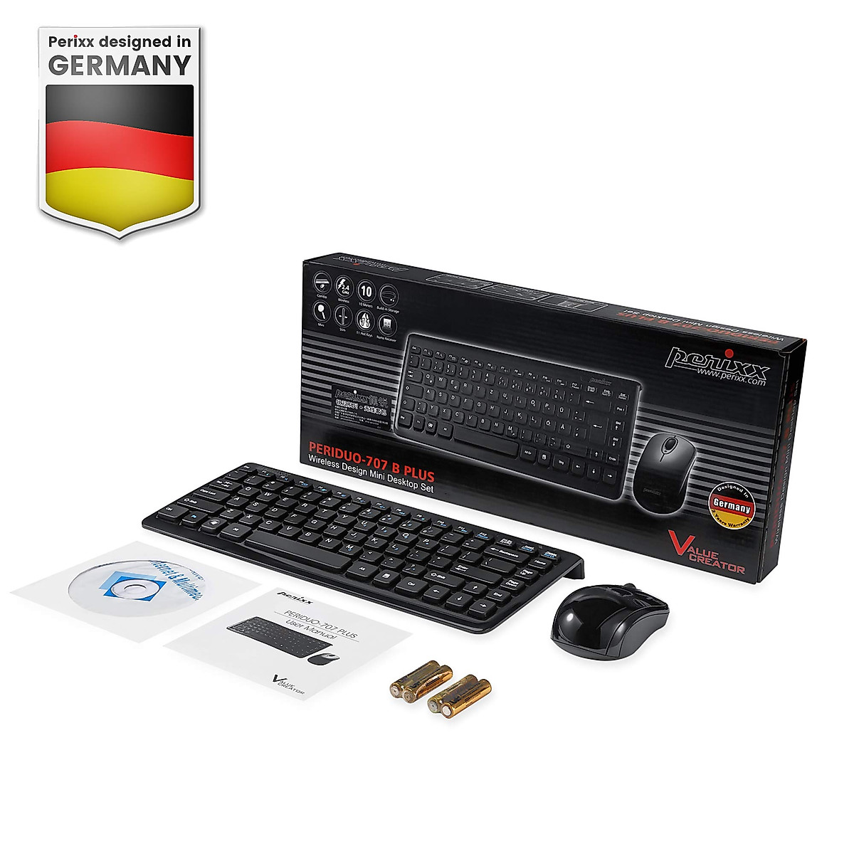 Perixx Periduo-707 Wireless Mini Keyboard and Mouse Set, Piano Black, US English Layout, 10900