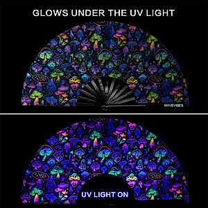 Ravevibes 13" Large Rave Fan Folding Hand Fan, Bamboo Festival Clack Fan Foldable UV Glow Edm Fans For Rave Outfits Accessories Performance Dance Party For Men Women, Mushrooms