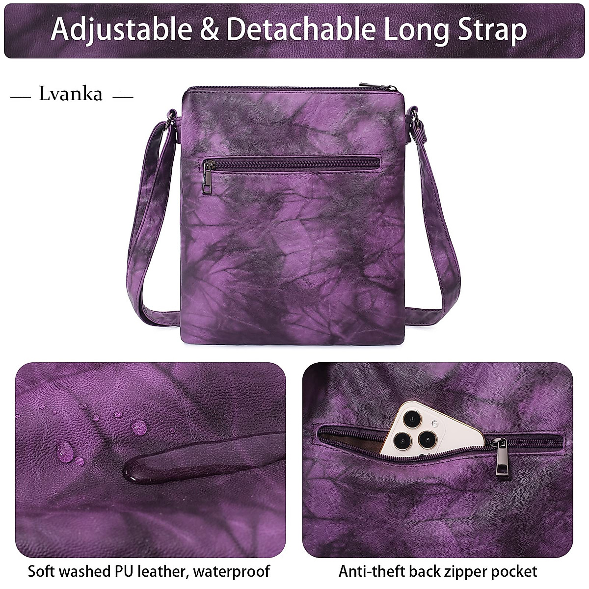 Crossbody Purses for Women Double Zipper Pockets Soft Vegan Leather Shoulder Bag with Adjustable Strap (Purple)