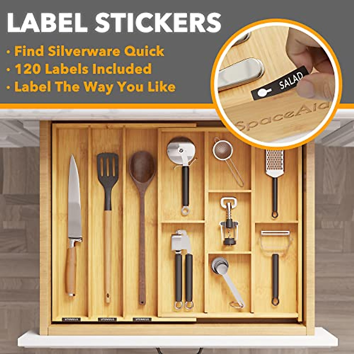 SpaceAid Bamboo Utensil Drawer Organizer with Labels, Kitchen Silverware Expandable Tray Holder Organizer for Flatware, Cutlery, Spoon and Knives Drawer Storage Organization (Natural)