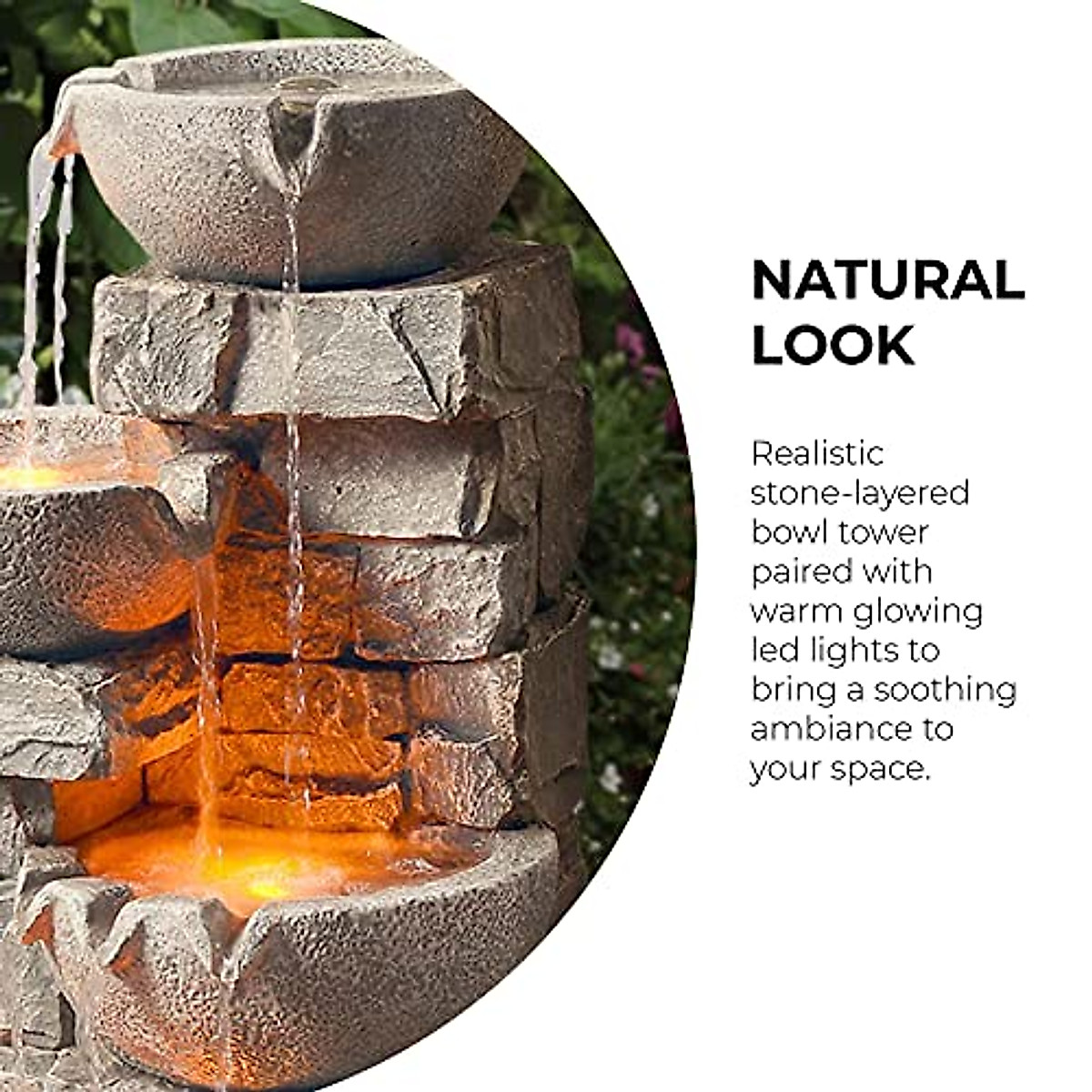 Teamson Home Water 4 Tiered Bowls Floor Stacked Stone Waterfall Fountain with LED Lights and Pump for Outdoor Patio Garden Backyard Decking Décor, 33 inch Tall, Gray