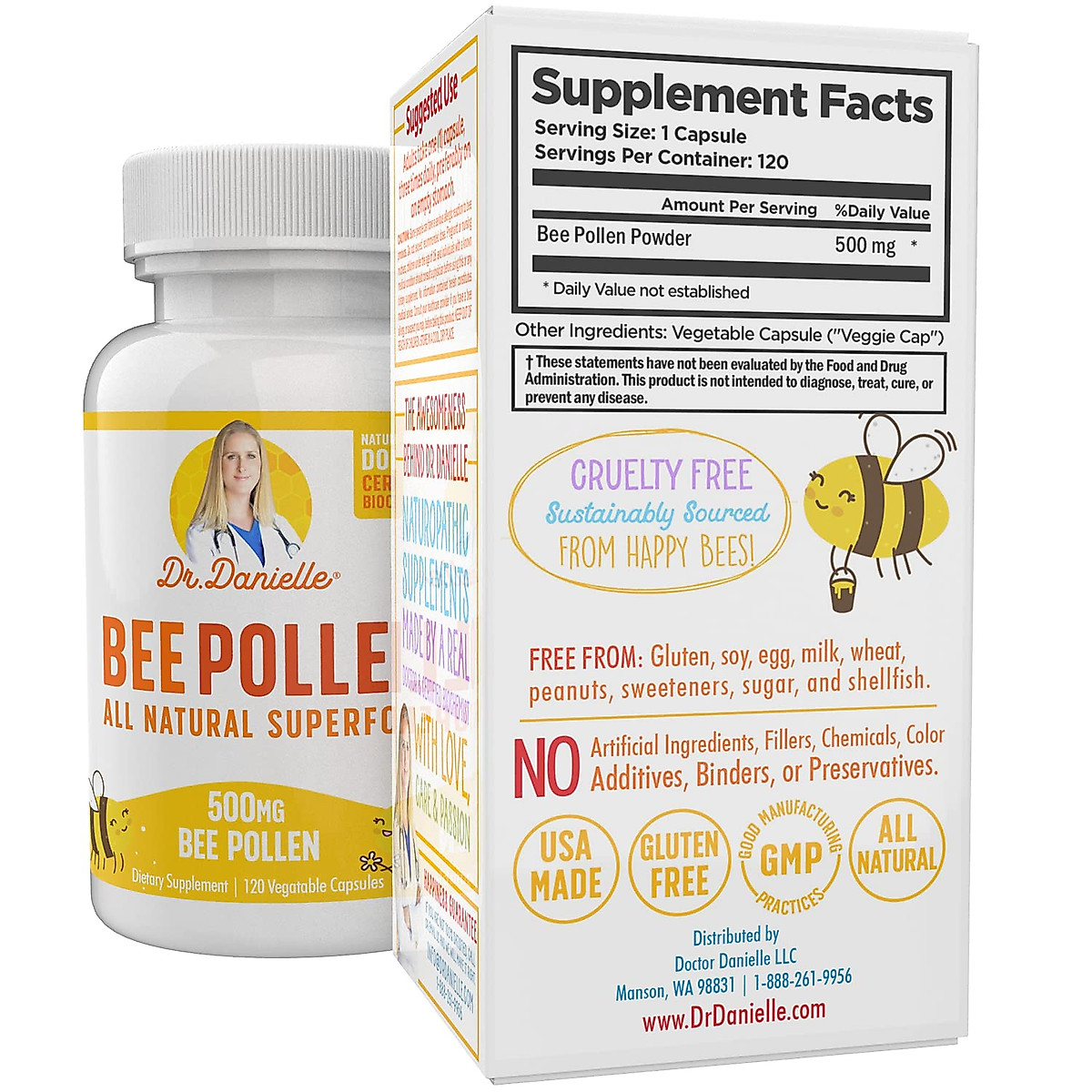 Bee Pollen from Dr. Danielle, Natural Bee Pollen Supplement, 500mg, 120 Veggie Capsules