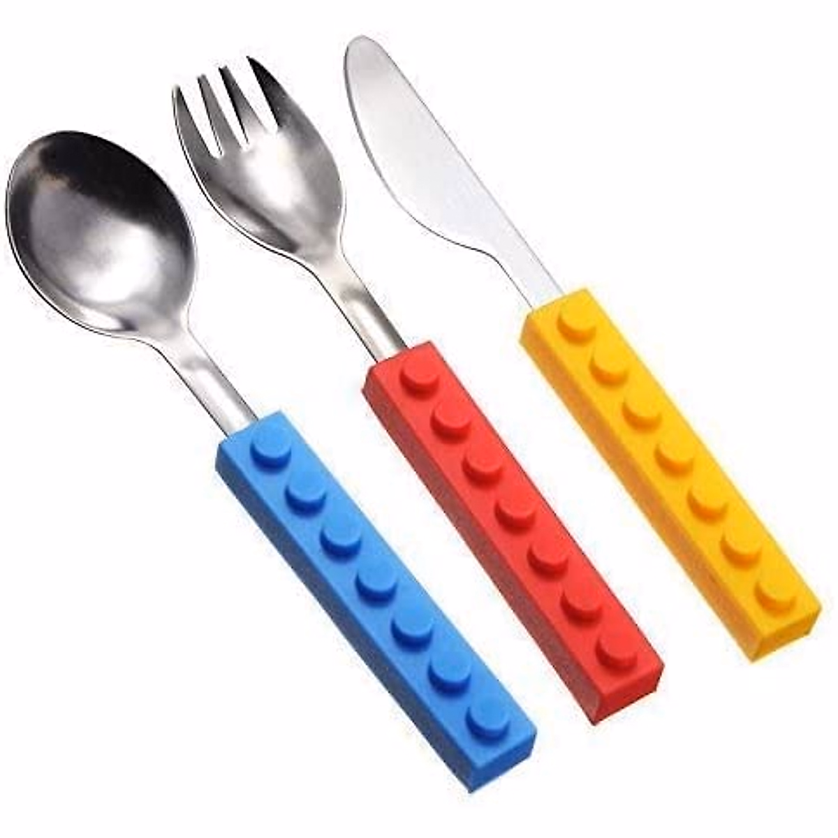 Toddler Utensils and Brick Toys - Set of 3 Interlocking Block Kids Silverware - Toddler Fork and Spoon Set with Toddler Knife for Kids - Non-BPA Kids Cutlery and Kid Safe Stainless Steel Silverware