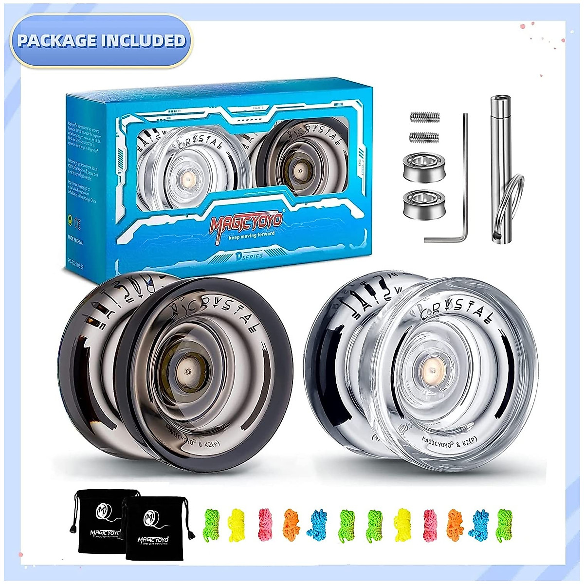 MAGICYOYO 2 Pack of Yoyo K2 Crystal, Responsive Yoyo for Kids Beginner, Dual Function Yoyos with Replacement Unresponsive Yoyo Bearing for Advanced Player+Bearing Removal Tools+12 Yoyo Strings+2 Bags