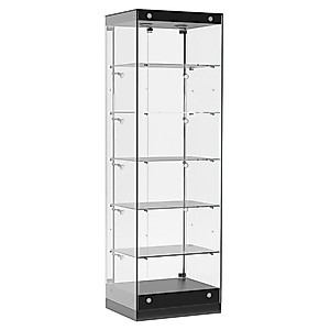 Displays2go Display Show Case with LED Lighting, Glass Shelves, Locking Door, MDF Top & Base – Clear & Black (GTAP24LEDB)