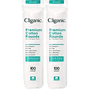 Cliganic Premium Cotton Rounds for Face (200 Count) | Makeup Remover Pads, Hypoallergenic, Lint-Free | 100% Pure Cotton
