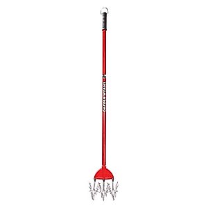 Garden Weasel Cultivator – Break Up Soil, Detachable Tines, Long Handle, 54.5” Long, red and silver