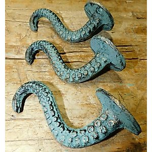 Vintage 2 Cast Iron Octopus Tentacle Wall Hooks Bathroom Towel Hook Nautical Coat Key