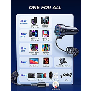 USB C Car Charger, 60W Super Fast Car Charger PD& QC3.0 with 5ft 30W Super Fast Type C Coiled Cable, Car Charger for Samsung Galaxy S23/S22/S21/Google Pixel/Moto/LG/Android, iPad Pro