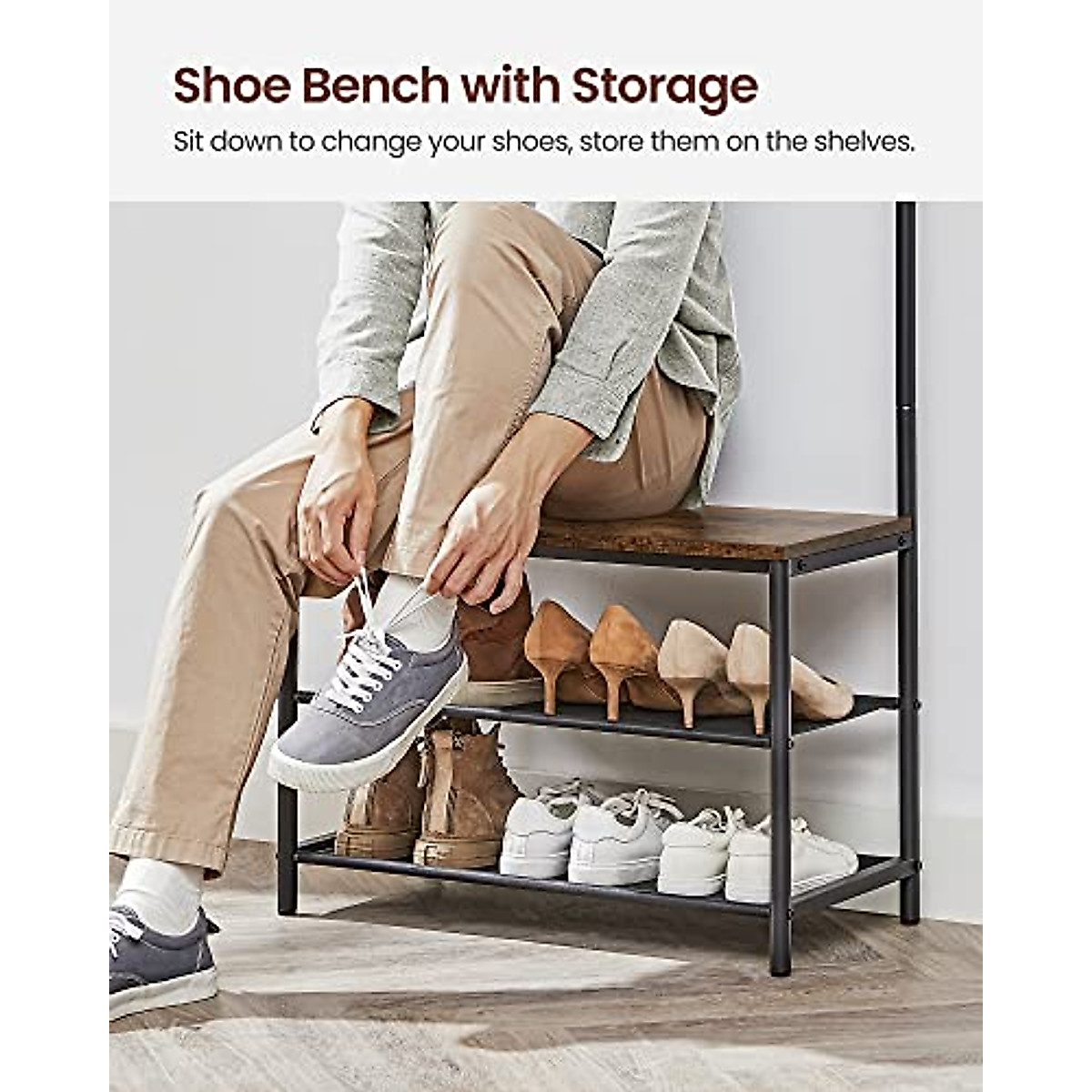 VASAGLE Hall Tree with Bench and Shoe Storage, Entryway Bench with Coat Rack Stand and Shoe Rack, 9 Removable Hooks, Top Bar, Fabric Shelves, Industrial, Rustic Brown and Black UHSR411B01