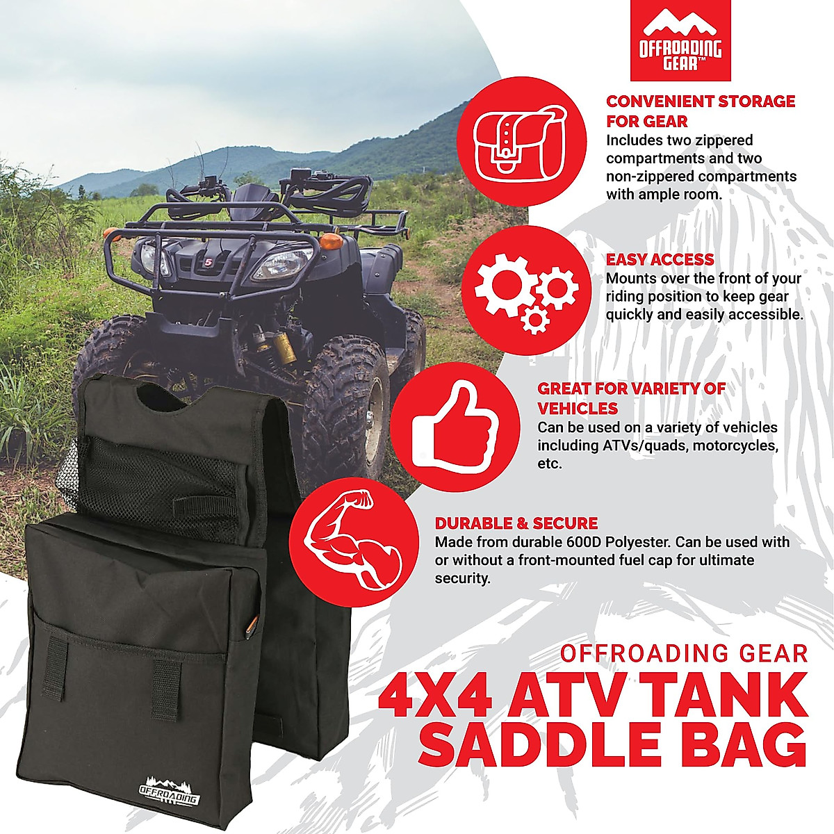 Offroading Gear 4x4 Waterproof Rear and Front Tank-Top Saddle Bag| With Two Compartments| Great for ATV| UTV| Snow Mobile| Quad Bike| Motorcycle| Etc. | Black