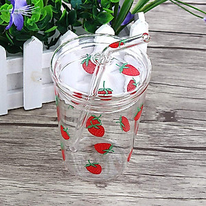 Ichiias Glass Cup Heat-Resisting Clear Strawberry Pattern Coffee Juice Drinking Water Mug with Straw Lid
