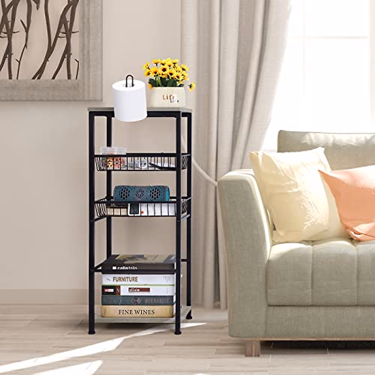 Small Bathroom Shelves, Floor Storage Cabinet with 2 Drawers, Narrow Towel Rack Organizer 4 Tiers, Modern Bathroom Storage Tower Cabinet with Tissue Bar, Standing Units Shelf for Laundry Living Room