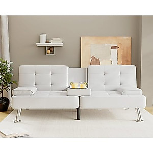 Flamaker Futon Sofa Bed Modern Folding Futon Set Faux Leather Convertible Recliner Lounge for Living Room with 2 Cup Holders, Removable Armrests (Faux Leather, White)