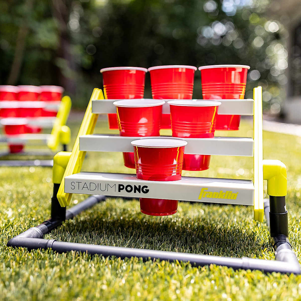 Franklin Sports Stadium Cup Pong Set - Jumbo 6 Cup Pong Game Set with Cups + Stand - Fun Indoor + Outdoor Tailgate Game