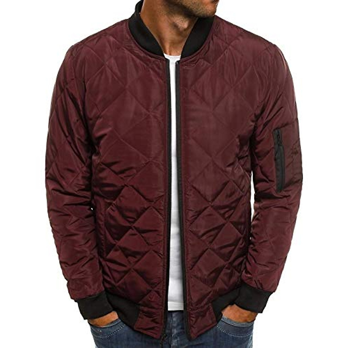 Pretifeel Mens Bomber Jackets Diamond Quilted Fall Winter Rib Varsity Lightweight Coat XX-Large