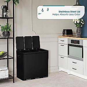 Home Zone Living 15.9 Gallon Kitchen Trash Can, Three Removable Liners for Recycling and Trash, Wide Stainless Steel Shape, Black (5.3 + 5.3 + 5.3 for 15.9 Gallon Total)