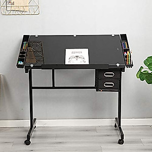 sogesfurniture Adjustable Glass Drafting Table, Versatile Art Craft Station Study Table, Tabletop Adjustable Art/Craft Desk with 4 Rolling Wheels and Slide Drawers for Home Office, Black