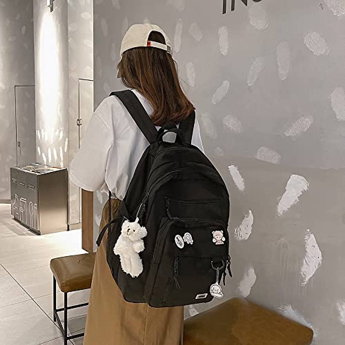 Aesthetic Backpack for School, Teen Girls Preppy Backpack, Fashion Big Student School Bags, Multi Pocket Canvas Backpack (Black)