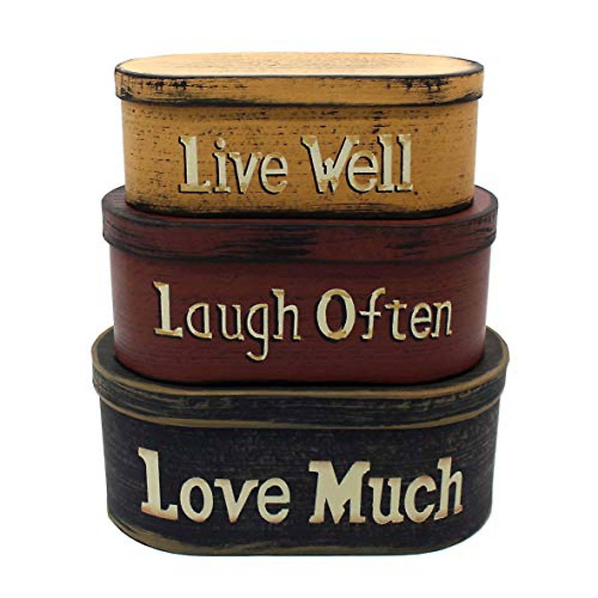 CVHOMEDECO. Primitives Vintage Oval “Live Well, Laugh Often, Love Much” Cardboard Nesting Boxes, Large 9-3/4 x 5-1/2 x 4 Inch, Set of 3.