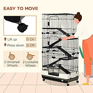 PawHut 60" Small Animal Cage with Wheels, 6-Level Portable Bunny Cage, Chinchilla Ferret Cage with Removable Tray, Platforms and Ramps, Black