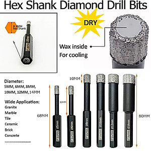 1/4" Dry Diamond Drill Bits for Tile Porcelian Marble Granite Brick with Hex Shank Dia 6mm Pack of 5 by DT-DIATOOL