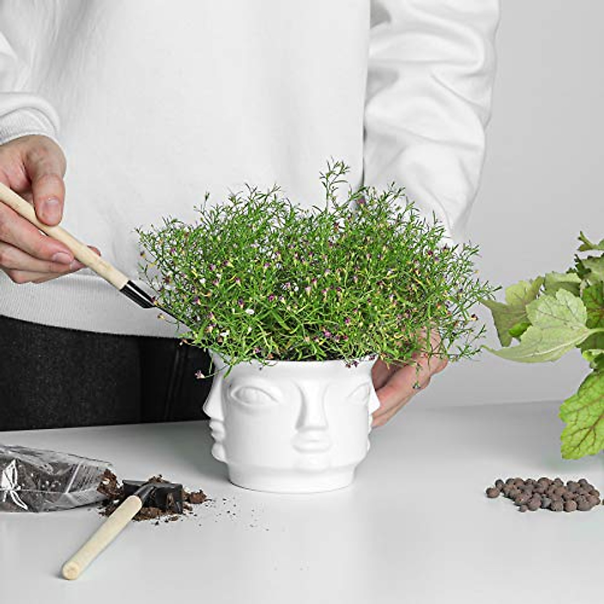 T4U Face Succulent Pots with Drainage 2-Pack - Small Ceramic Head Succulent Planter for Tiny Cactus, Herb, Bonsai Plant, Mini Flower Pot for Indoor Home Office Living Room Decor (No Plants)