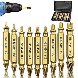 9 Pcs Damaged Screw Extractor Kit, Miuudby HSS 4341 Material Damaged & Stripped Screw Extractor Set For Easy Out And Speed Out Remover Common Size of Broken Tool And Titanium Extractor Drill Bit, Gold