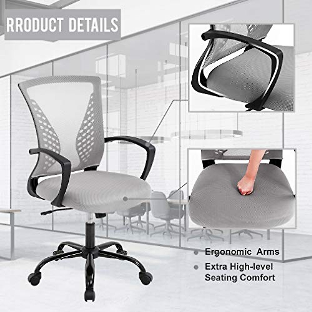 Office Chair Ergonomic Desk Chair Mesh Computer Chair with Lumbar Support Armrest Mid Back Rolling Swivel Task Adjustable Chair for Women Adults, Grey