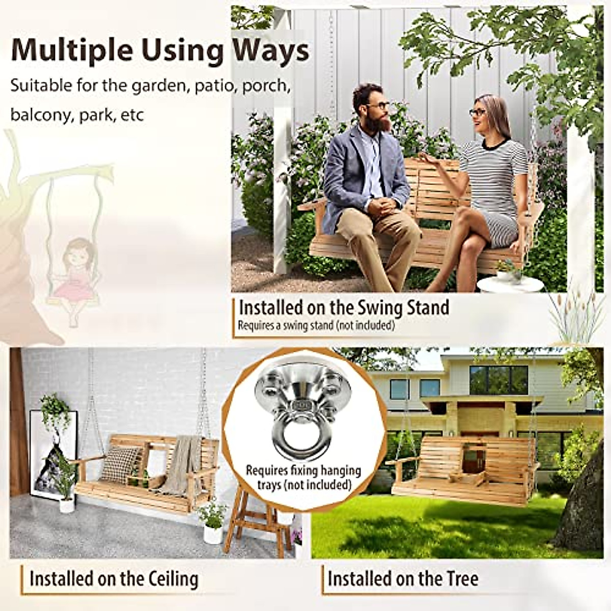 Tangkula 2 Person Hanging Porch Swing, Outdoor Bench Swing with Adjustable Chains, Foldable Cup Holders, High Back, Cozy Armrests, Wooden Hanging Swing Chair for Backyard Deck Garden Natural