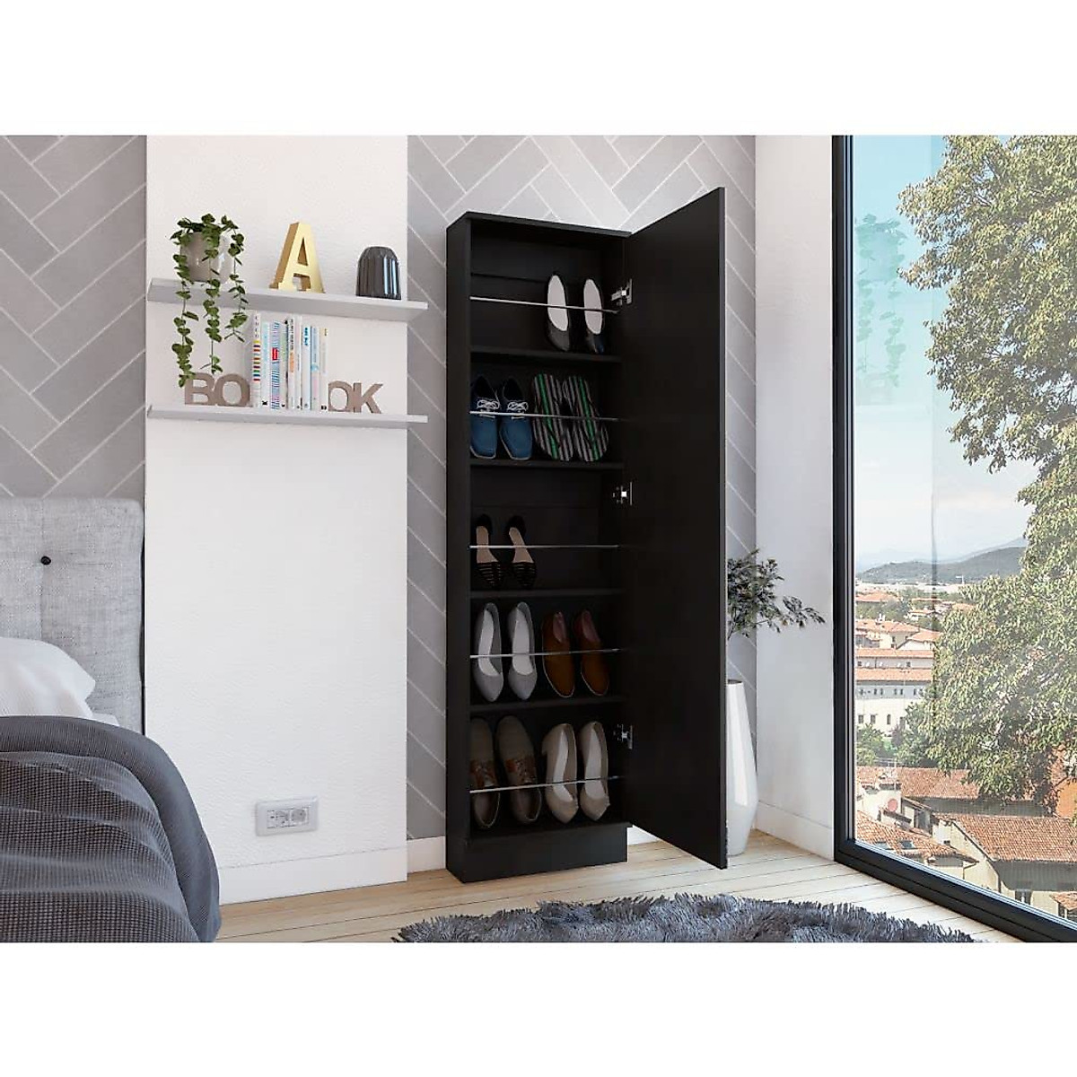 TUHOME Leto XL Shoe Rack with Mirror and 5 Inner Shelves, Black