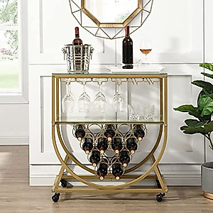 O&K FURNITURE Glass Bar Cart with Wine Rack, Bar Serving Cart on Wheels, Kitchen Storage Cart for The Home, Gold