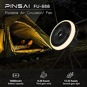 PINSAI Camping Fan, Tent Fans for camping with lights,Portable Camping Fan with LED Lantern, USB Desk Fan with Hanging Hook for Tent,Car