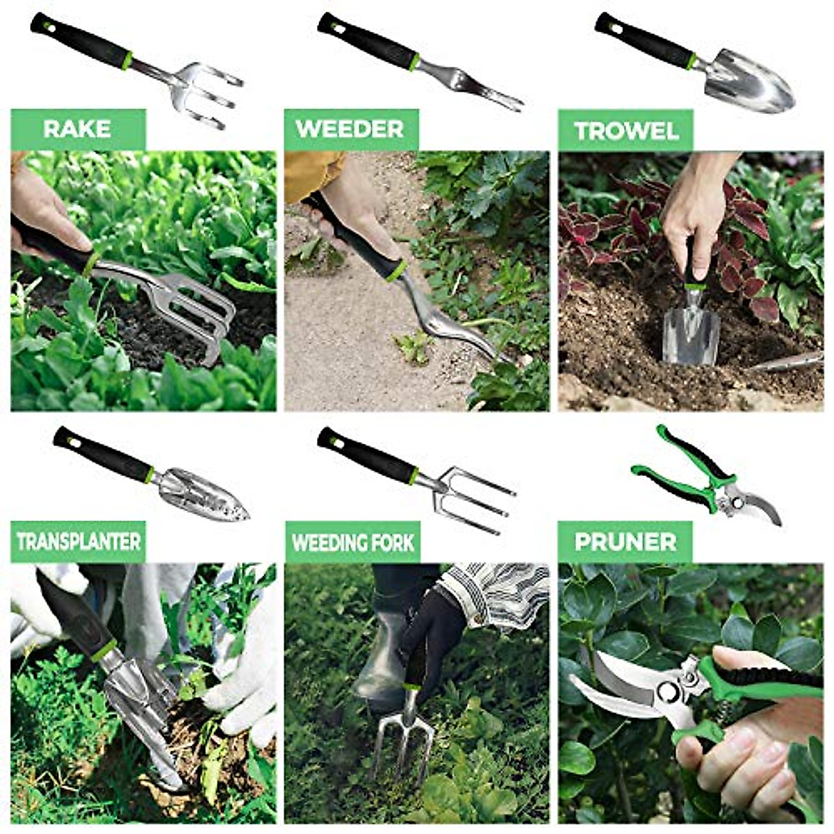 Tenozek Gardening Tool Set 11 PCS Heavy Duty Aluminum Garden Supplies Kit Gardening Gifts Basket for Women Men Gardener Beginners Garden Hand Implements with Non-Slip Rubber Handle Storage Tote Bag