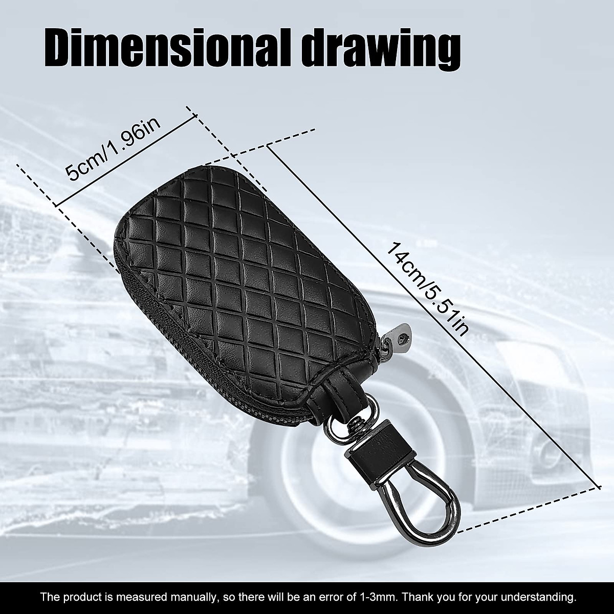 Car Key Case, Universal Key Fob Cover Case, Leather Car Key Smart Keychain Holder Anti Scratch Cover Protector with Zipper and Metal Hook(Black Plaid)