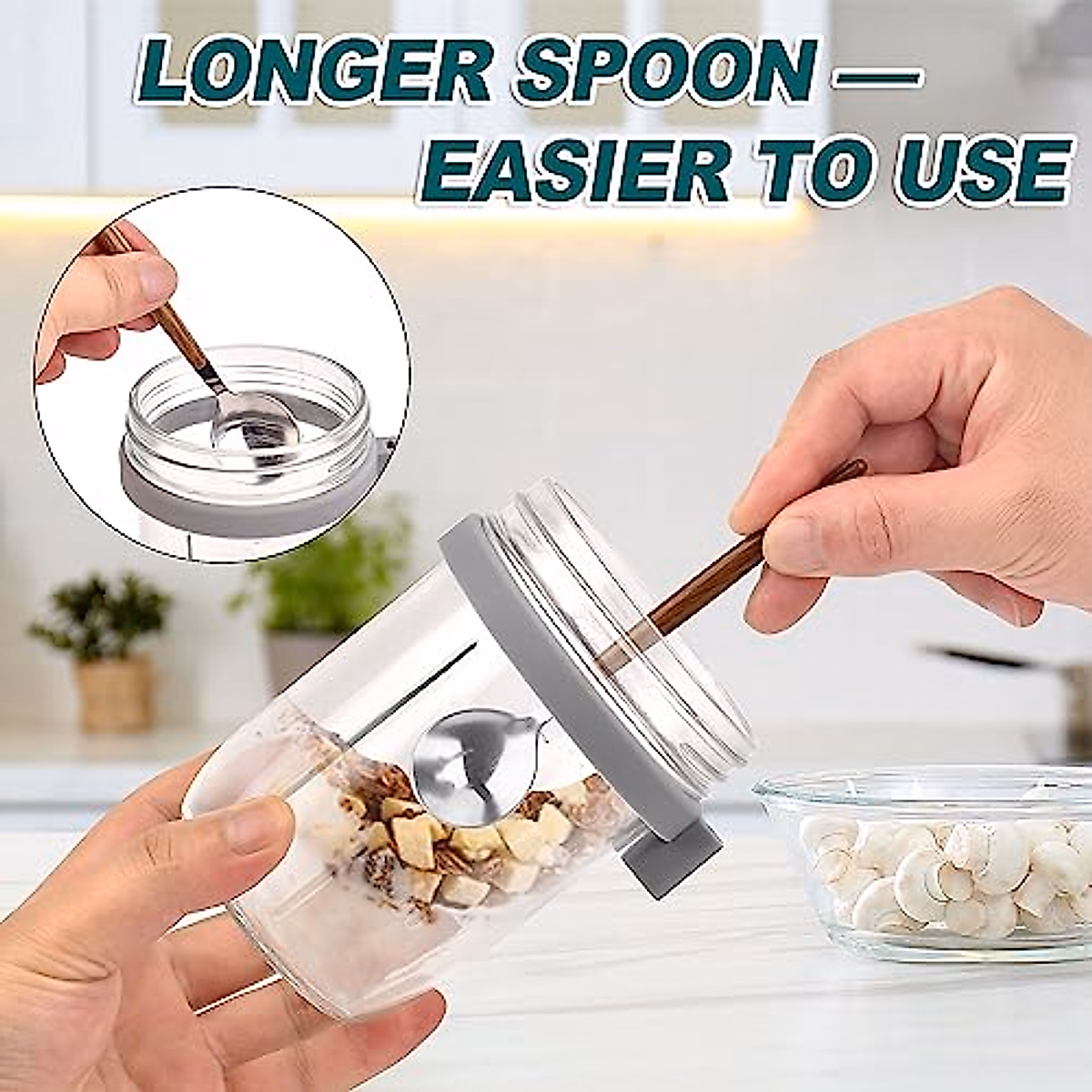 RACHAL Overnight Oats Containers with Lids and Spoon, 2 Pack Mason Jars for Overnight Oats, 20 Oz Glass Oatmeal Container to Go for Chia Pudding Yogurt Salad Cereal Meal Prep Jars (white,gray)