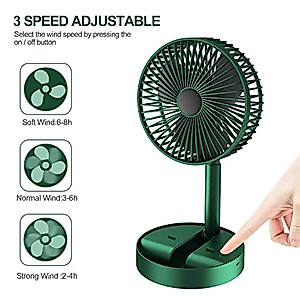 Maelifu Folding Fan Quiet 3- Speed Wind Highly Stretchable Simulated Natural Wind 180 ° Adjustment Battery Powered or USB Powered Home Desk Bedroom Portable Travel Mini Decorative Fan（Green