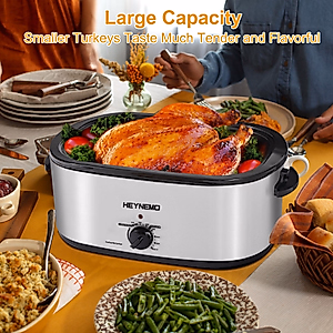 26 Quart Electric Roaster Oven with Visible & Self-Basting Lid, Large Turkey Defrost Warm Function, Adjustable Temperature, Removable Pan Rack, Stainless Steel, Silver