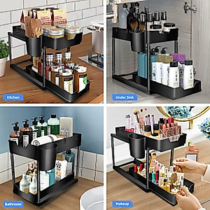 DIHUMK Under Sink Organizers and Storage for Bathroom Kitchen Cabinet 2 Tier Pull Out Double Shelf Drawer Black