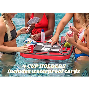 Polar Whale Floating Poker Table Red and Black Game Tray for Pool Beach Party Float Lounge Durable Foam 23 Inch Chip Slots Drink Holders with Waterproof Playing Cards Deck UV Resistant