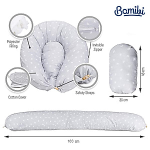 Bamibi® Pregnancy Pillow - Full Body Support Maternity Pillow for Sleeping – Providing Support for Adults and Pregnant Women Back, HIPS, Legs & Belly - Removable 100% Cotton Cover (Gray Hearts)