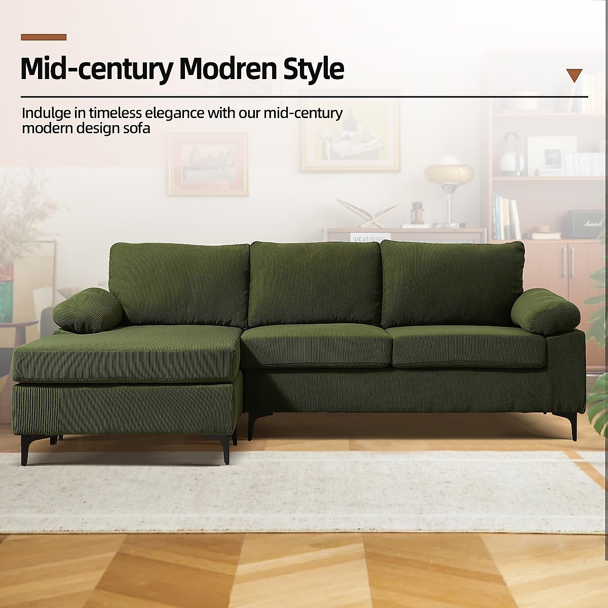 POUUIN 100" Corduroy Convertible Sectional Sofa Couches for Living Room,3 Seater L Shaped Sofa Couch with Reversible Chaise,Comfy Deep Seat Sofa for Office Apartment (Green)